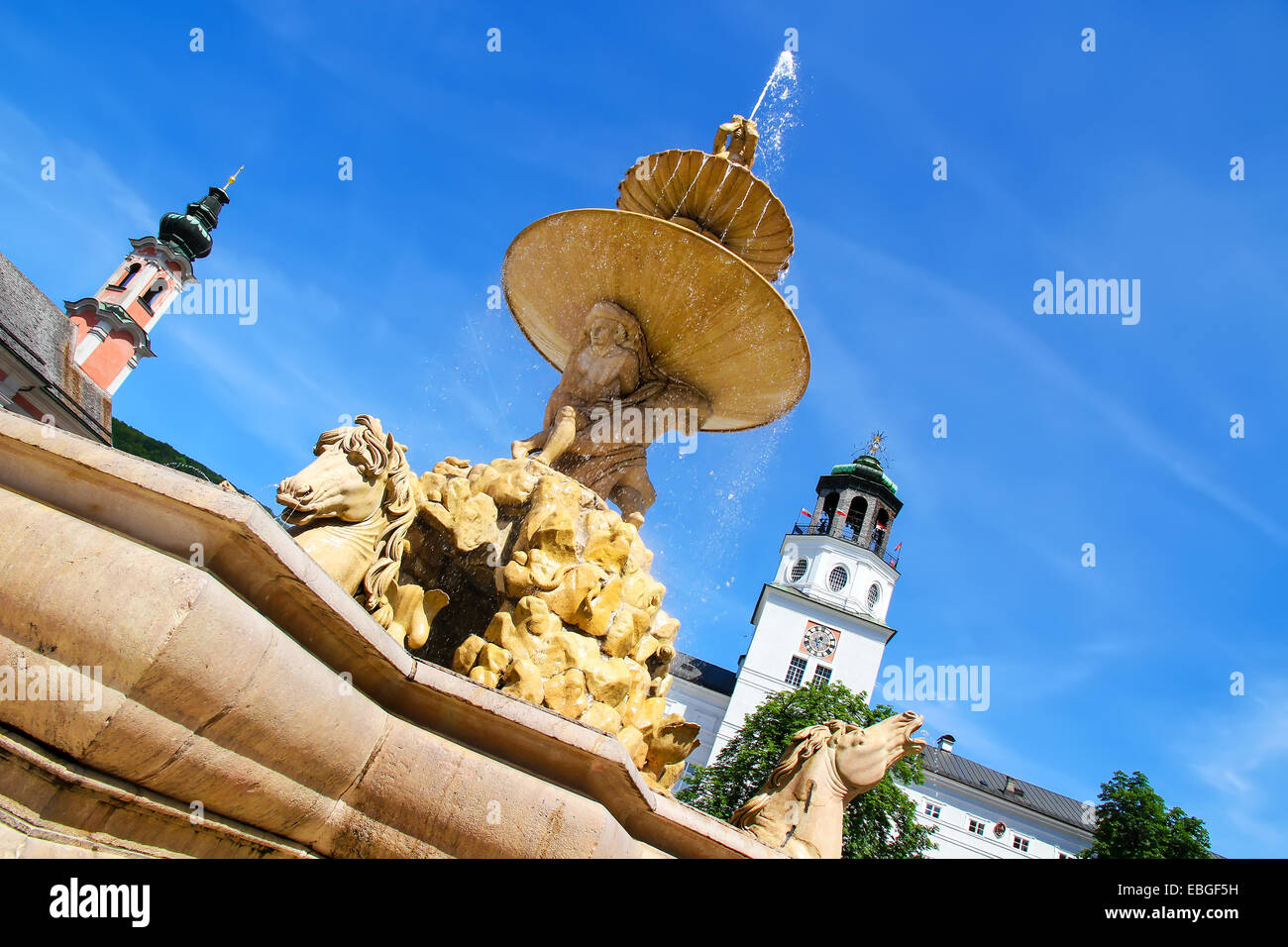The famous Residenz Fountain in Salzburg, Austria, Europe Stock Photo ...