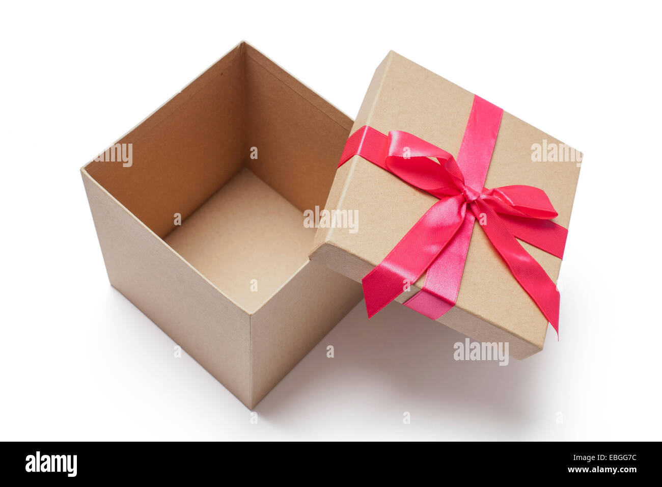 Open carton gift box with red ribbons isolated on white Stock Photo - Alamy