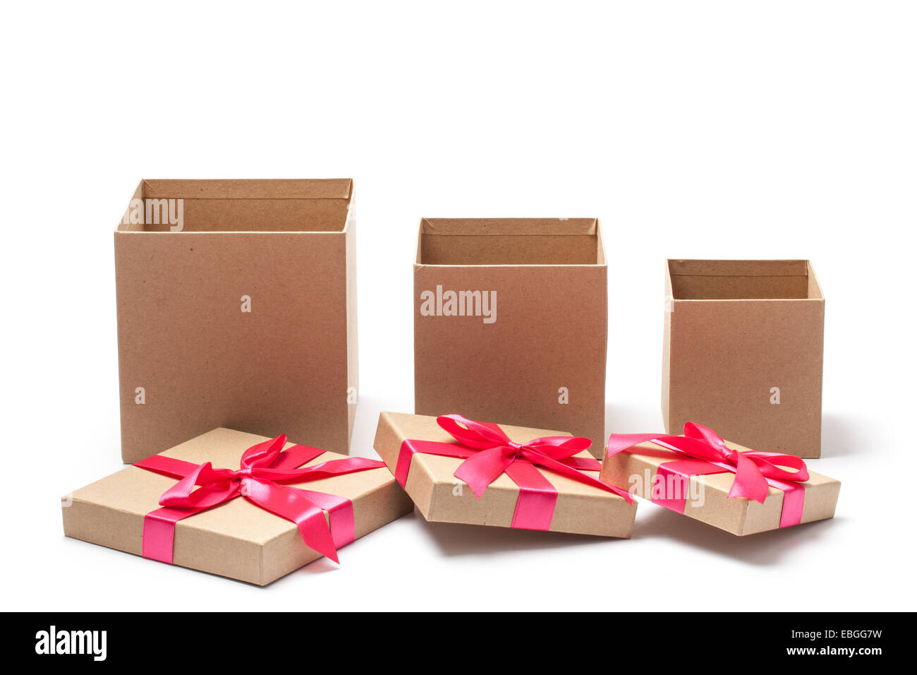 Three open carton gift boxes with red ribbons isolated on white Stock ...