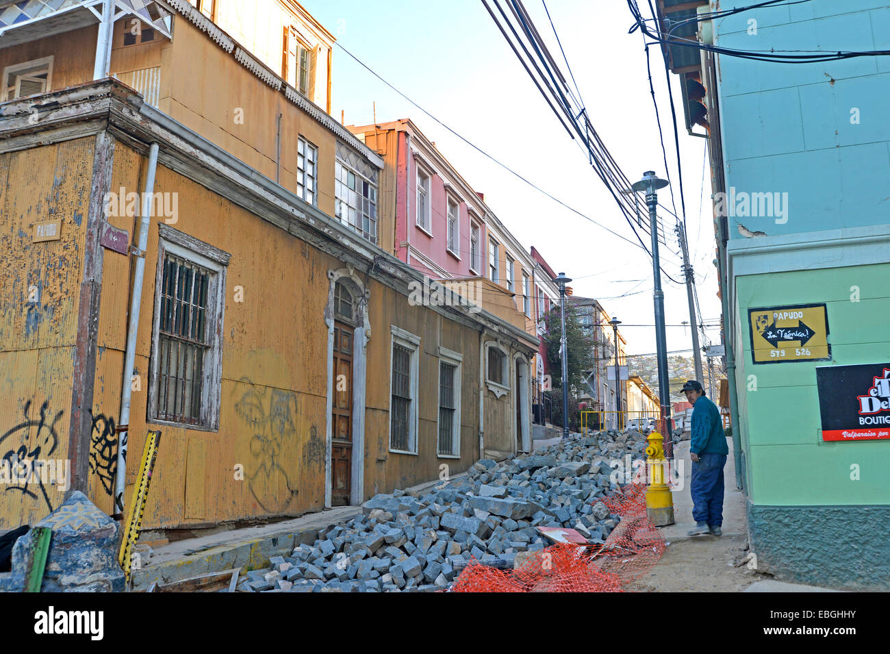 street scene works in progress Valparaiso Chile Stock Photo - Alamy