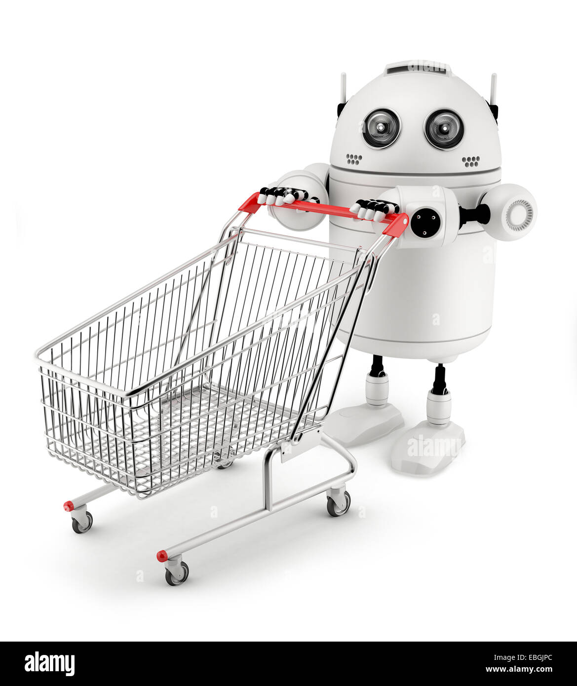 Robot with shopping cart. Isolated on white background Stock Photo - Alamy