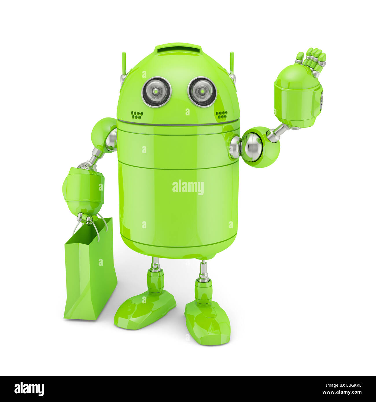 Green Android with shoping bag. Isolated on white background Stock ...