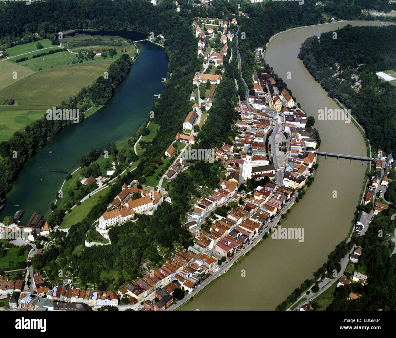 castle from the south and old town, river bend of Salzach, Germany ...