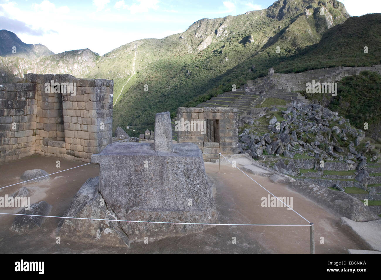 Intihuatana, sundial, Peru, Machu Picchu, Aguas Calientes Stock Photo ...