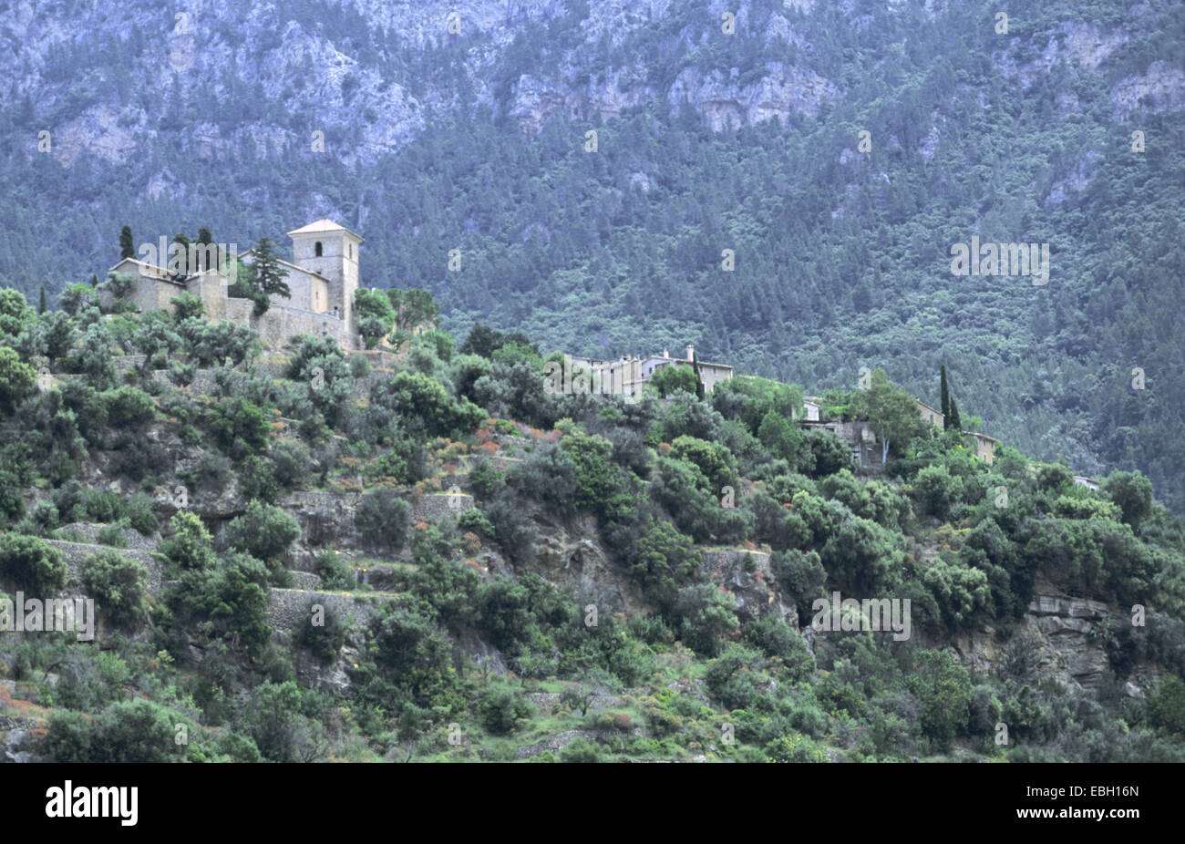 mountain village DeiÓ with church, Spain, Majorca, Deia Stock Photo - Alamy