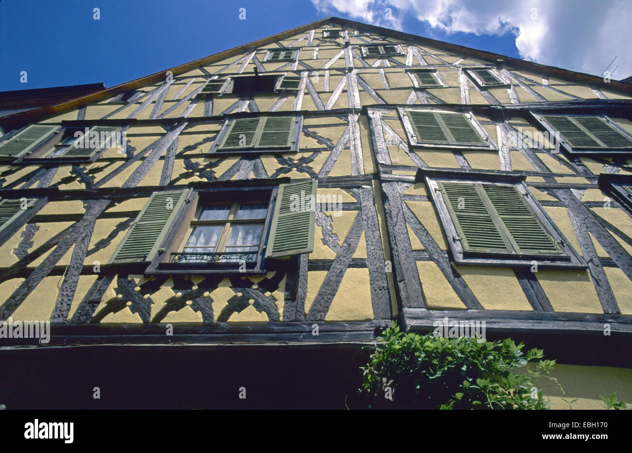 timbered house, worm eye view, France, Alsace, Riquewihr Stock Photo ...