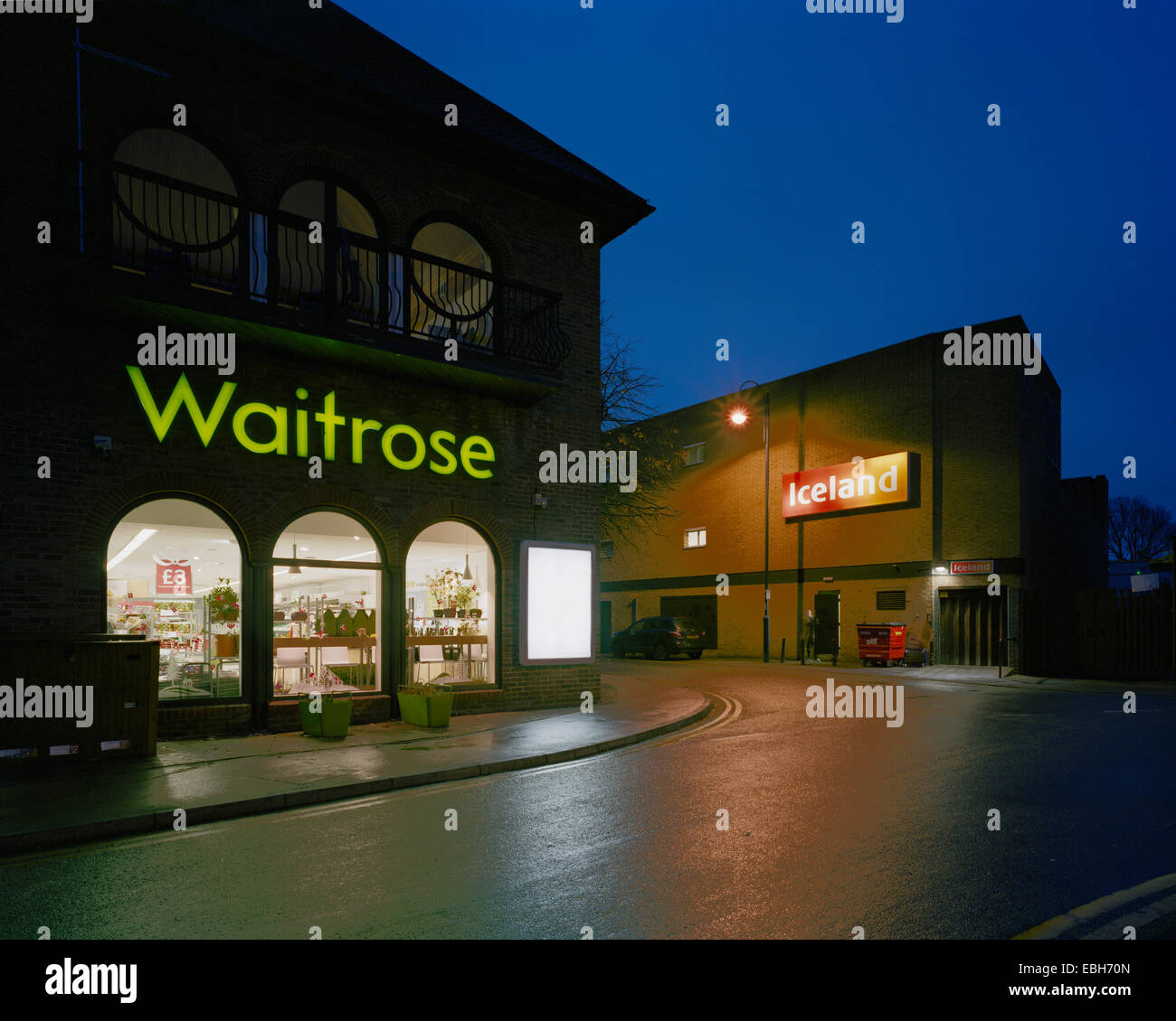 Waitrose and Iceland stores in St Neots Cambridgeshire at night Stock ...
