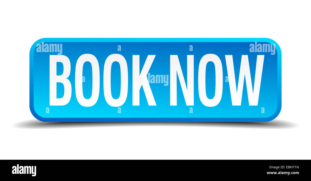 Book now blue 3d realistic square isolated button Stock Photo - Alamy