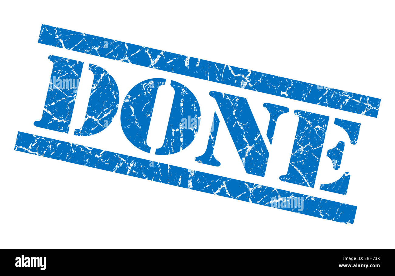 done blue grungy stamp isolated on white background Stock Photo - Alamy