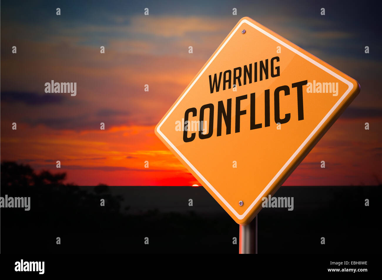 Conflict on Warning Road Sign on Sunset Sky Background Stock Photo - Alamy