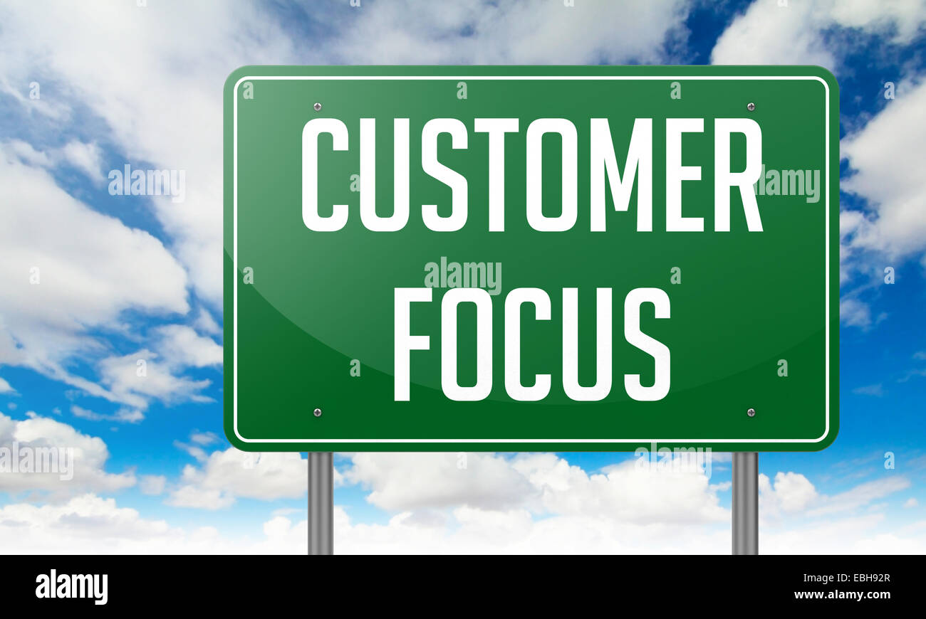 Highway Signpost with Customer Focus Wording on Sky Background Stock ...