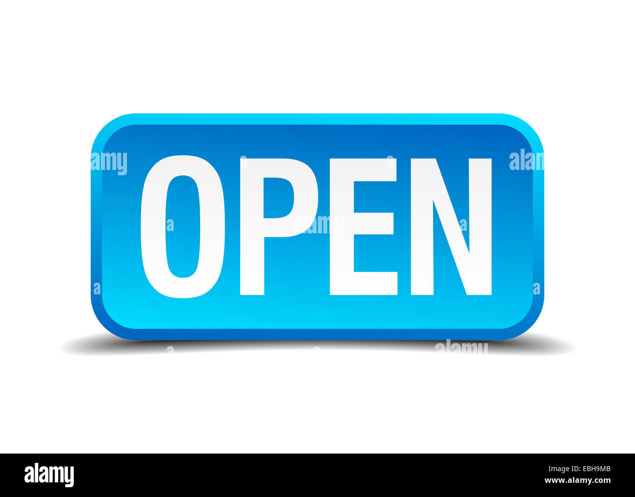 Open blue 3d realistic square isolated button Stock Photo - Alamy