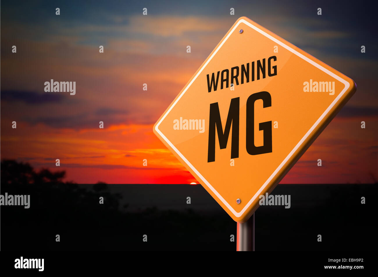 MG on Warning Road Sign on Sunset Sky Background Stock Photo - Alamy