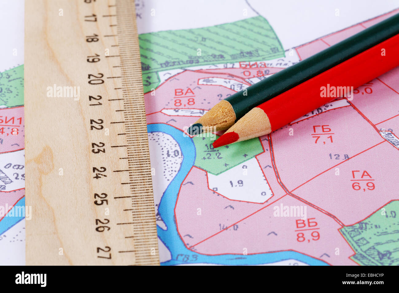 Topographic map Ruler and pencils close up Stock Photo - Alamy