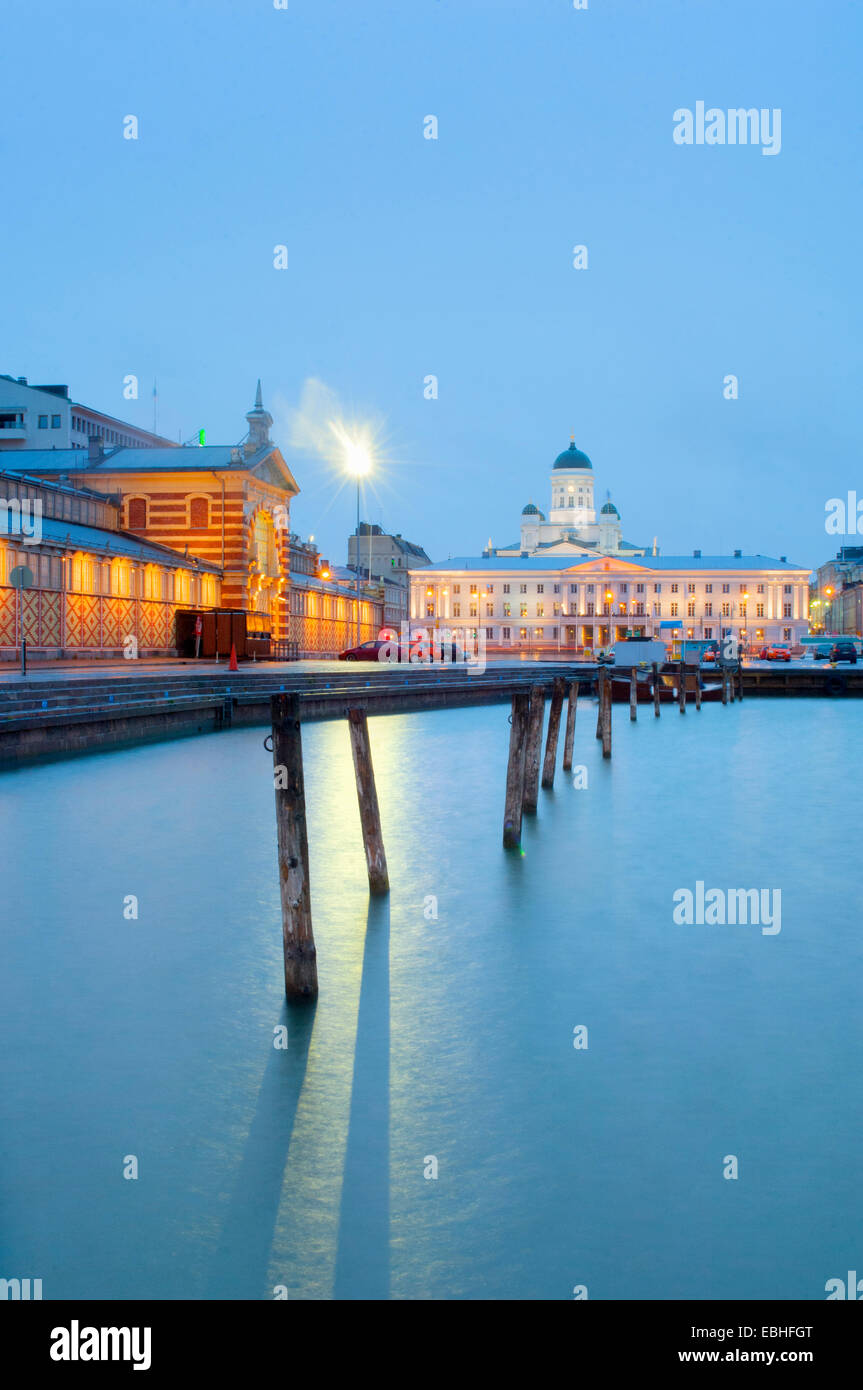 Waterfront and floodlit buildings at night, Helsinki, Finland Stock ...