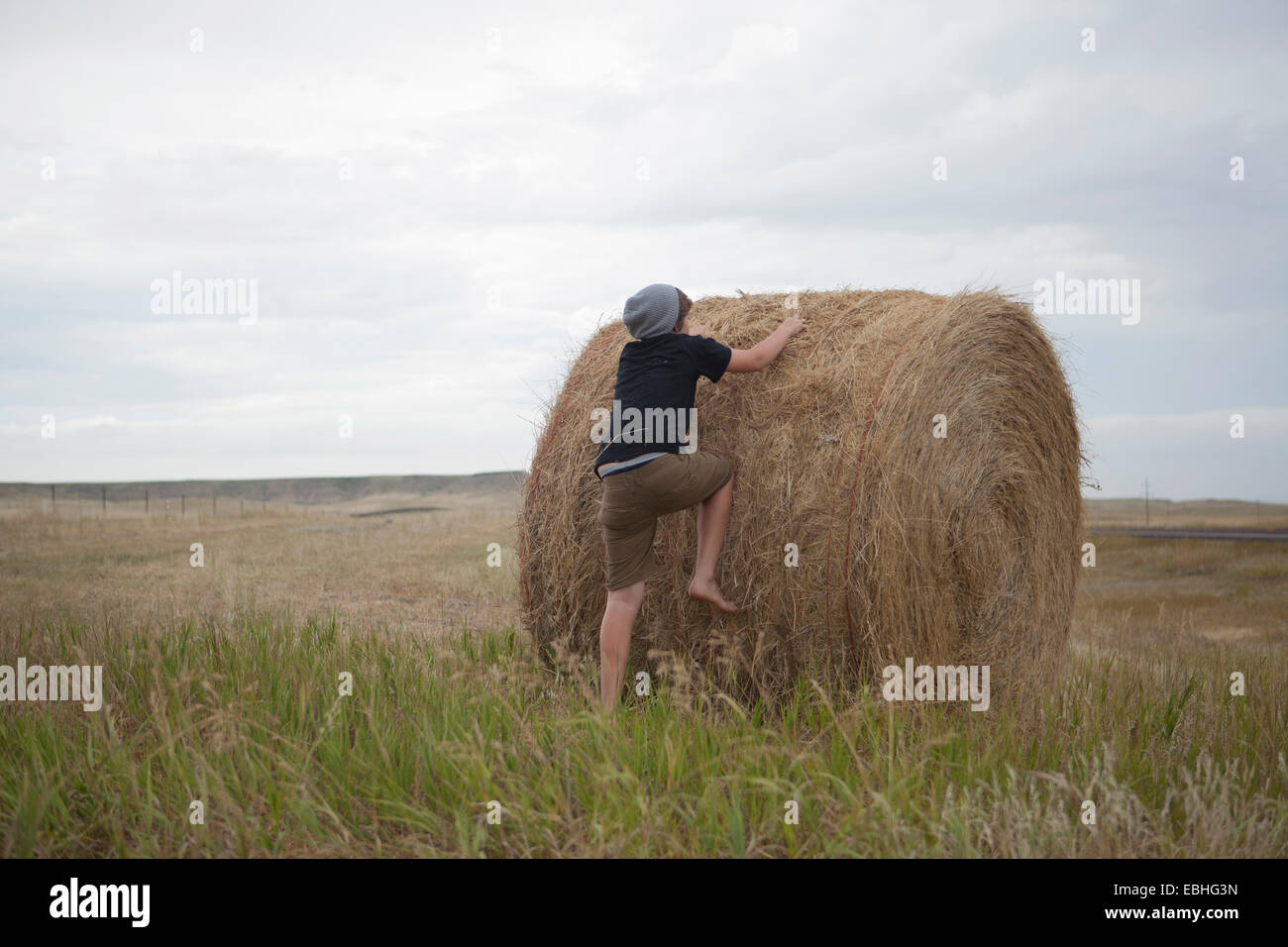 Teenage boy climbing on haystack, South Dakota, USA Stock Photo - Alamy