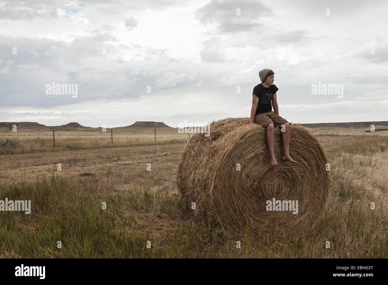 Teenage boy sitting on haystack in field, South Dakota, USA Stock Photo ...