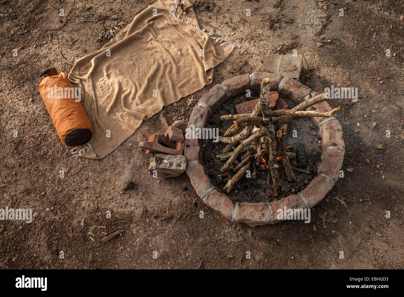 Overhead view of campfire and rug, Arkansas, USA Stock Photo - Alamy