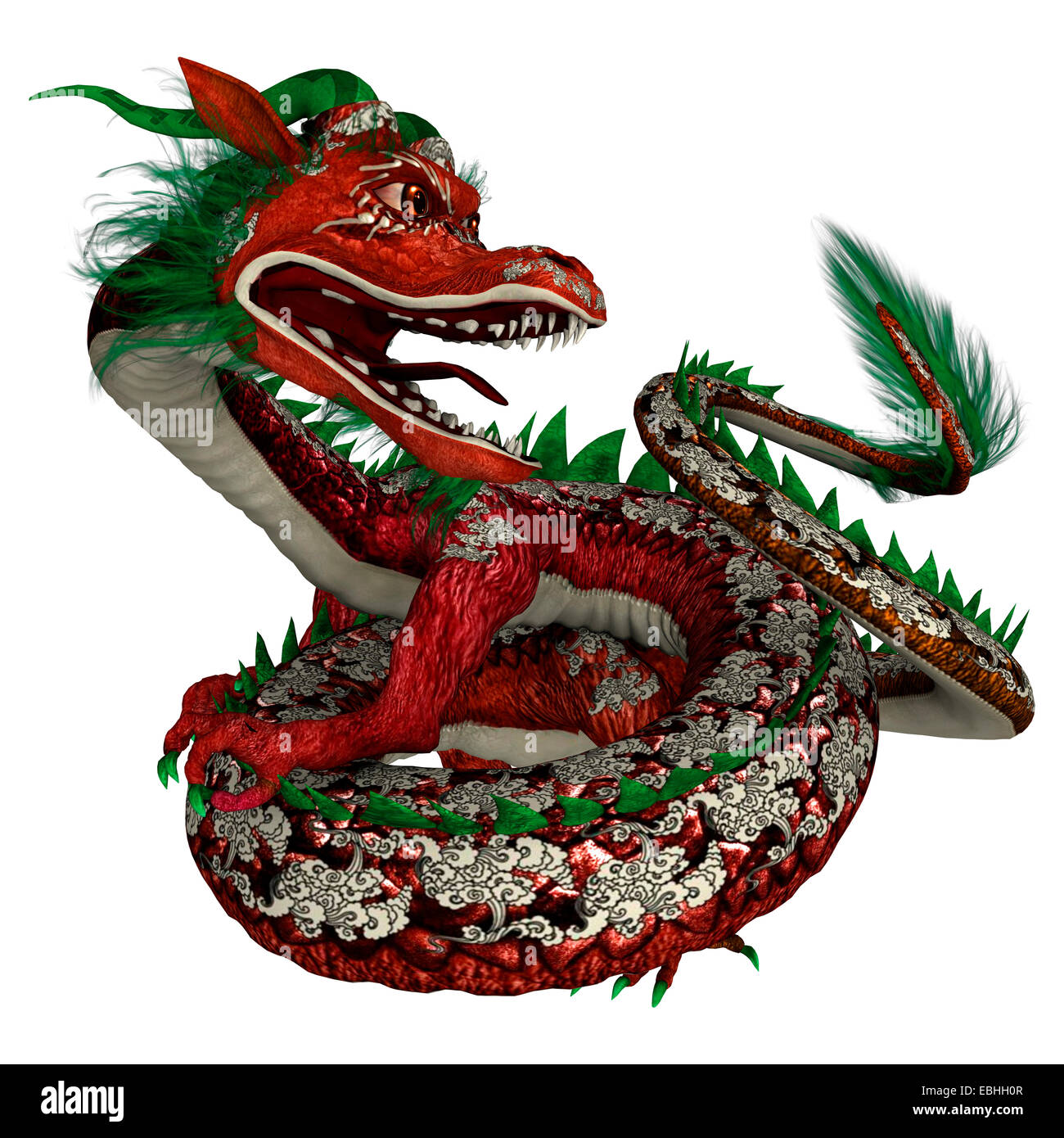3D digital render of an Eastern dragon in red and green isolated on ...