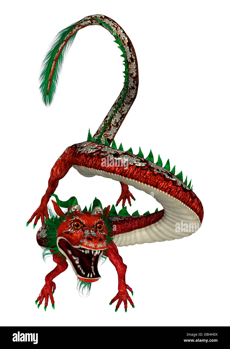 3D digital render of an Eastern dragon in red and green isolated on ...