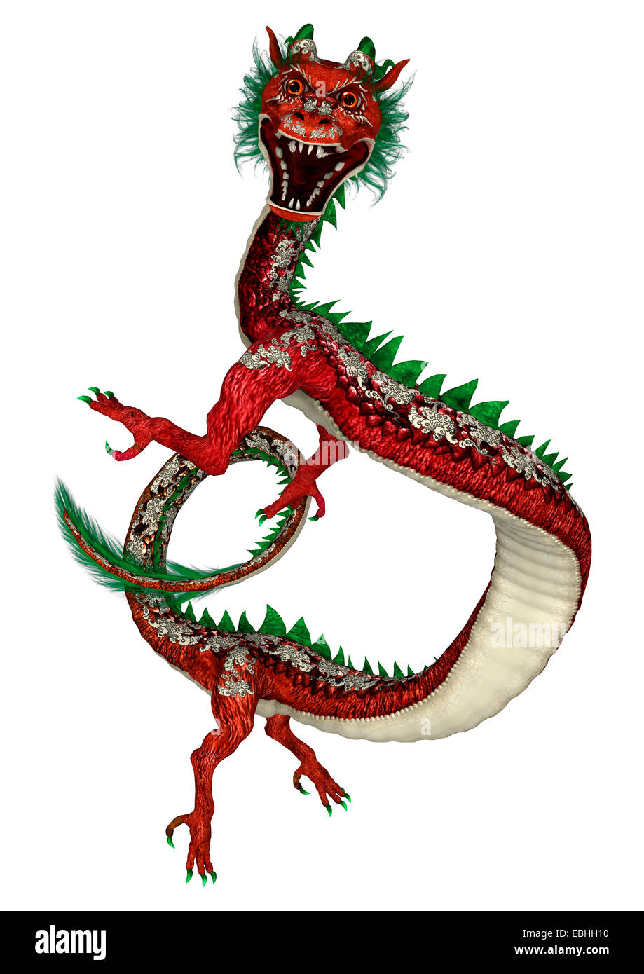 3D digital render of an Eastern dragon in red and green isolated on ...