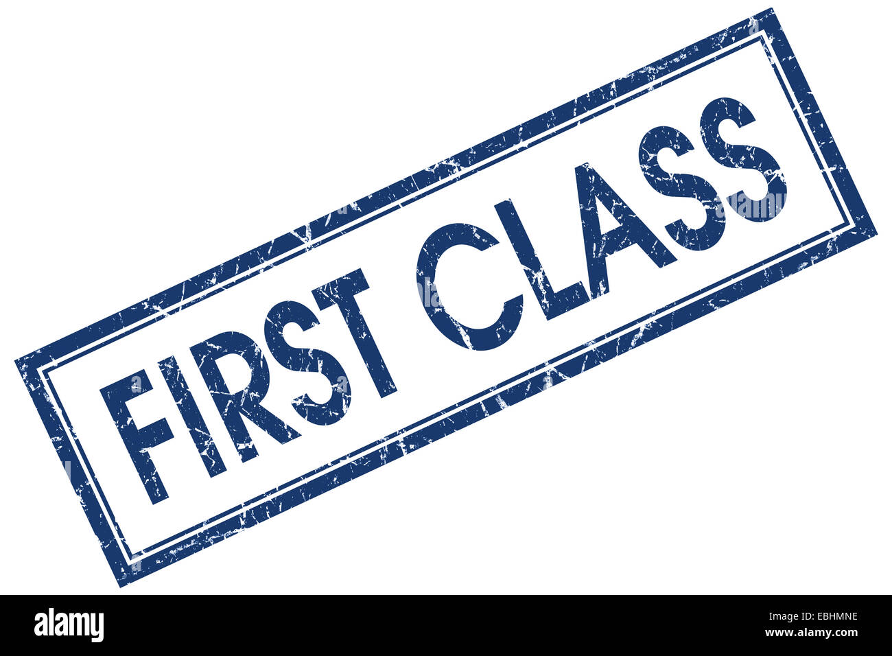 First class blue square grungy stamp isolated on white background Stock Photo - Alamy