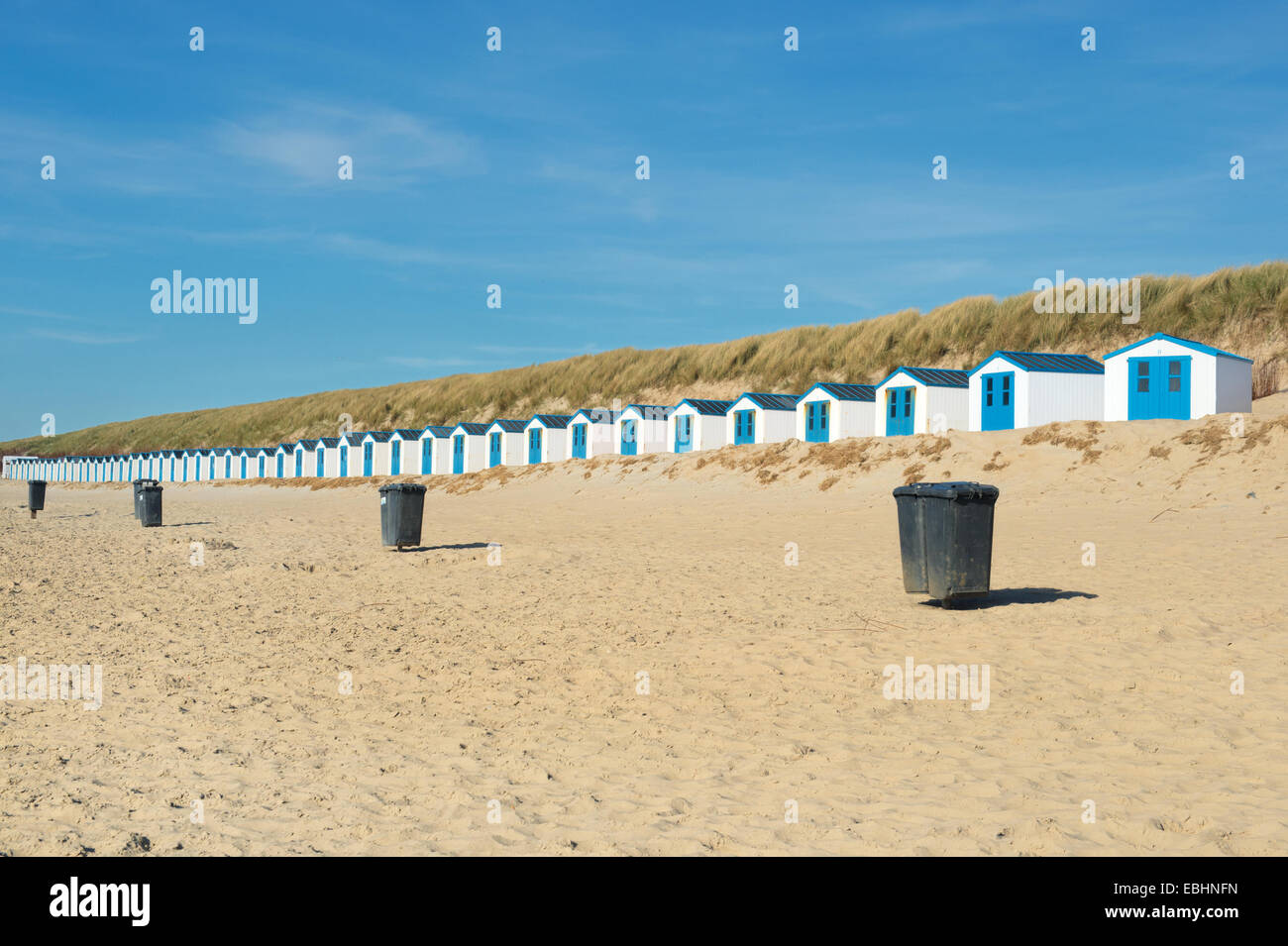 Row blue and white beach cabins for vacation surpose Stock Photo - Alamy