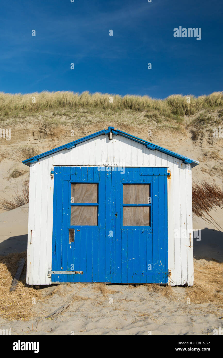 Single paintless blue and white beach cabin for vacation surpose Stock ...