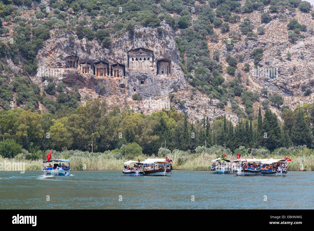 DALYAN, MUGLA, TURKEY - JULY 19, 2014: Tour boat in Dalyan river. River ...