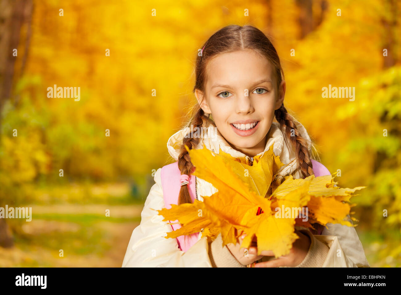 Portrait of girl with autumn yellow leaves bunch Stock Photo - Alamy