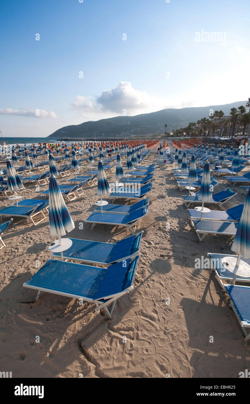 Italy, Liguria, Andora, Beach, Sunshades and Beach Chairs Stock Photo ...