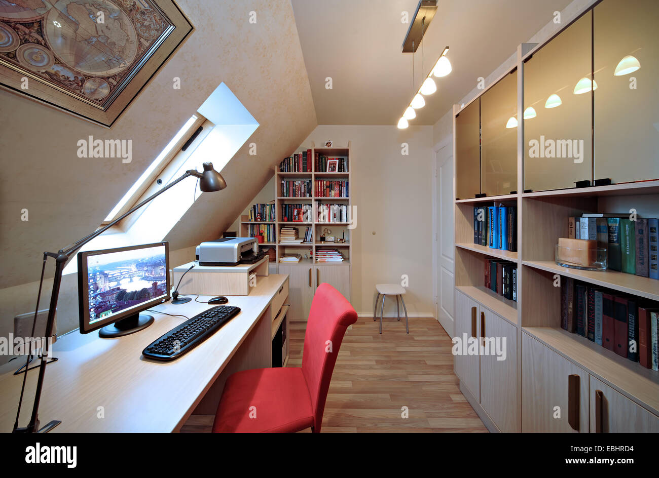 Cabinet in the private house. Office room. Computer, desk Stock Photo ...
