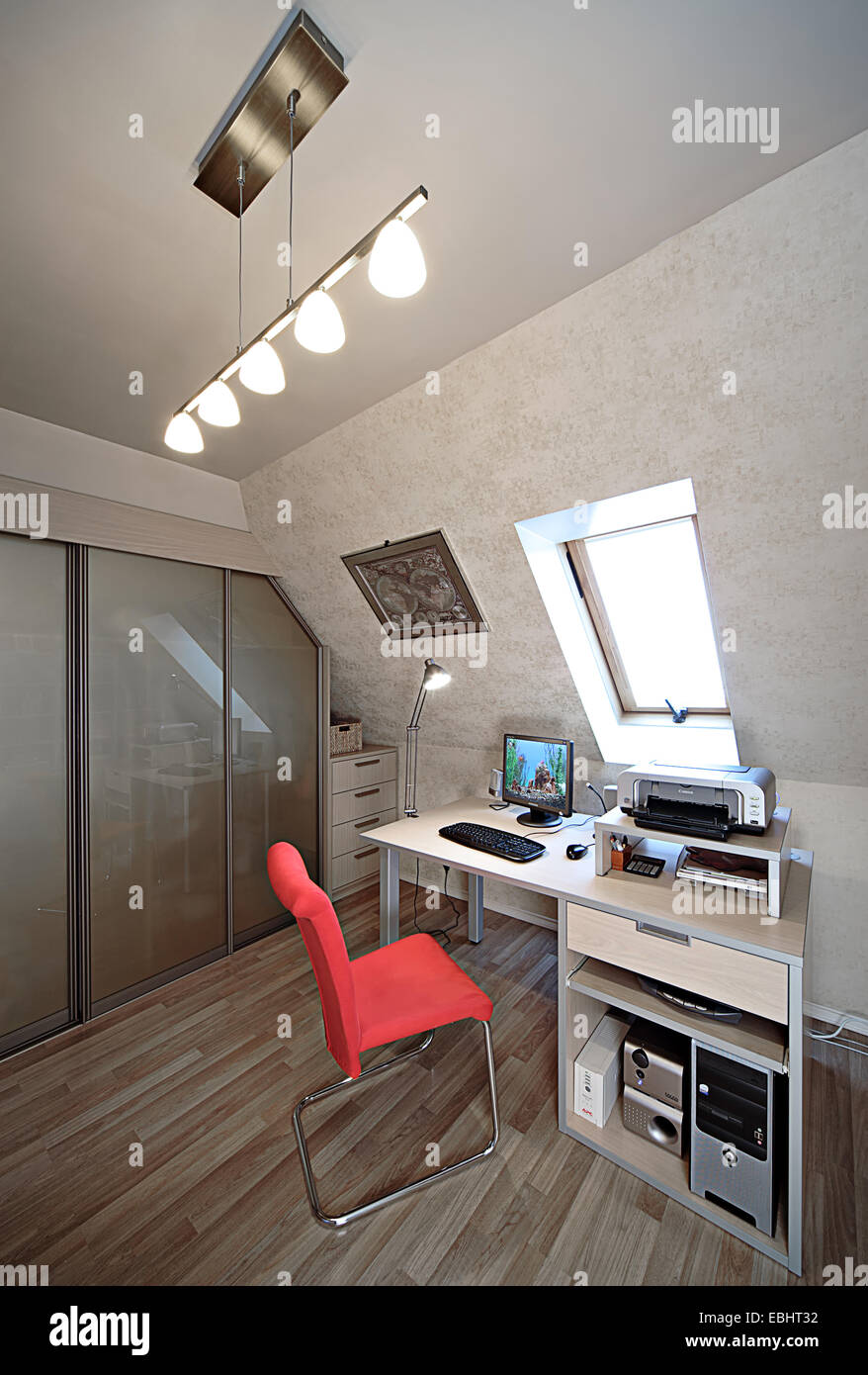 Cabinet in the private house. Office room. Computer, desk Stock Photo ...