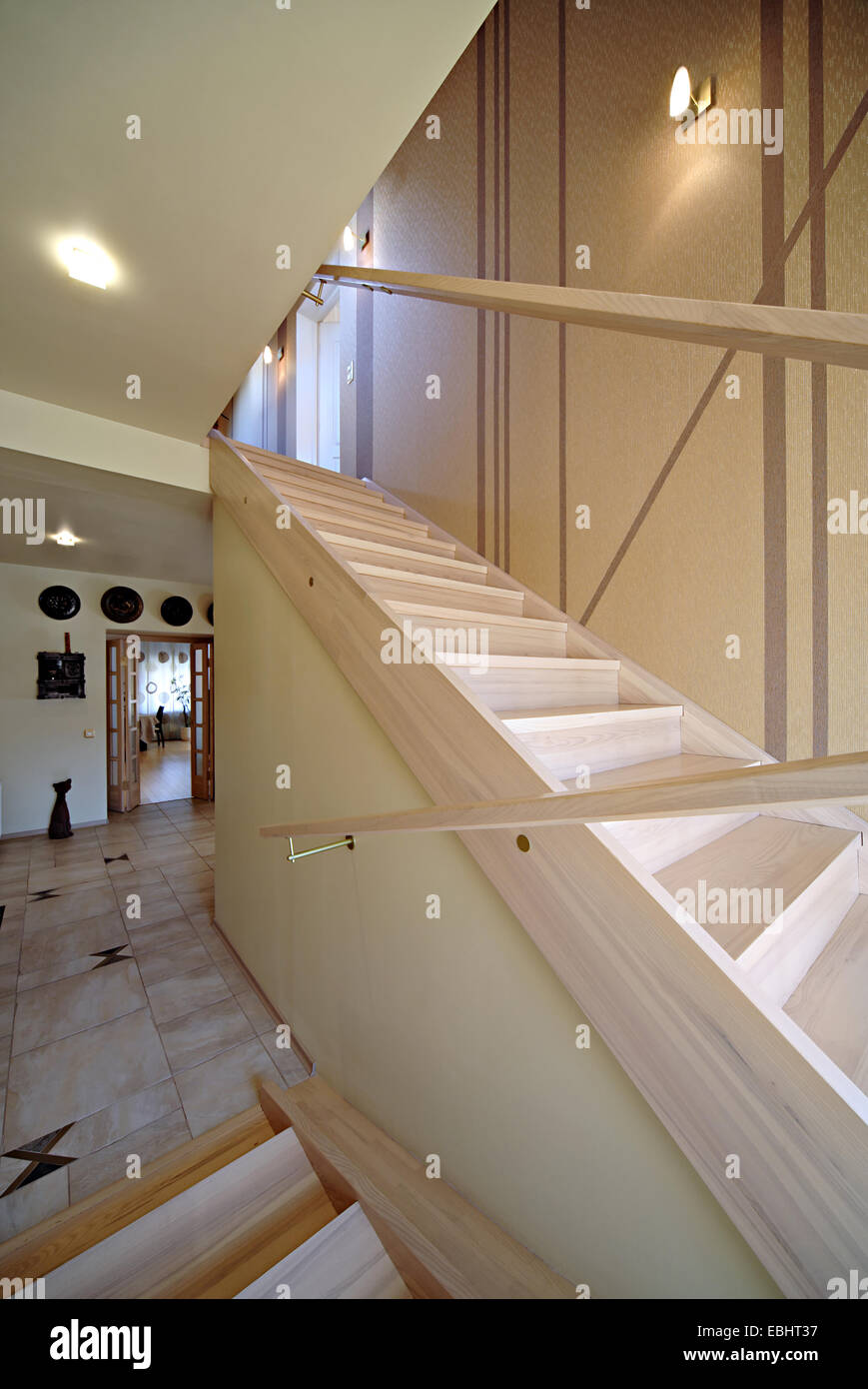 Wooden Staircase, ladder in the modern luxury house. Vestibule ...