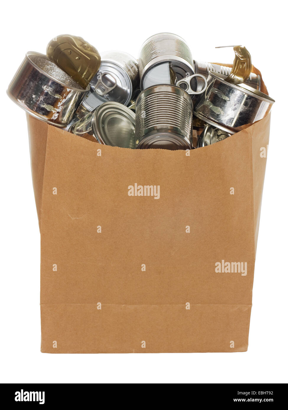 Used tin cans collected in a paper bag, before taken to a recycling ...