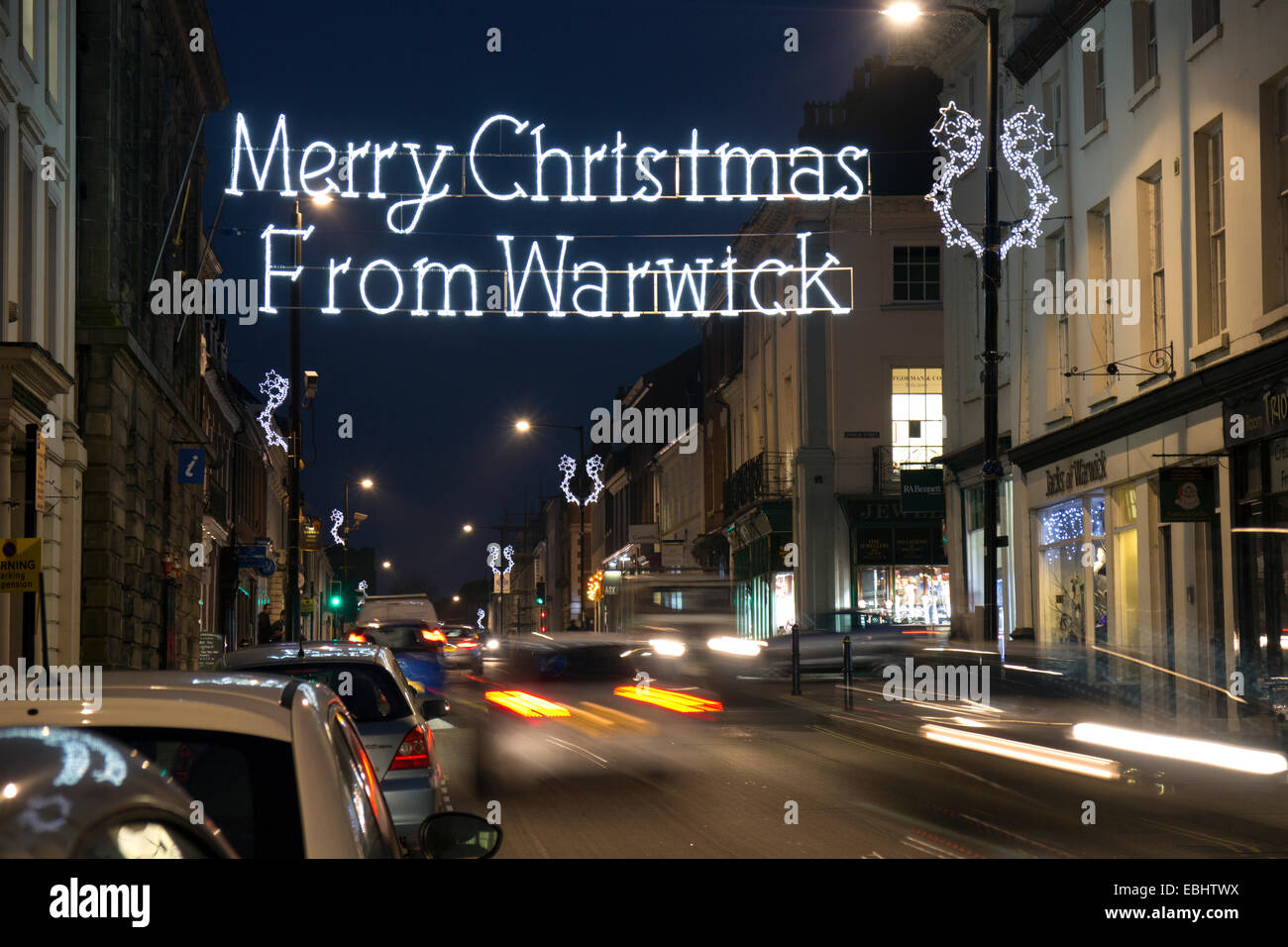 "Merry Christmas from Warwick" illuminated sign, Warwickshire, UK Stock ...