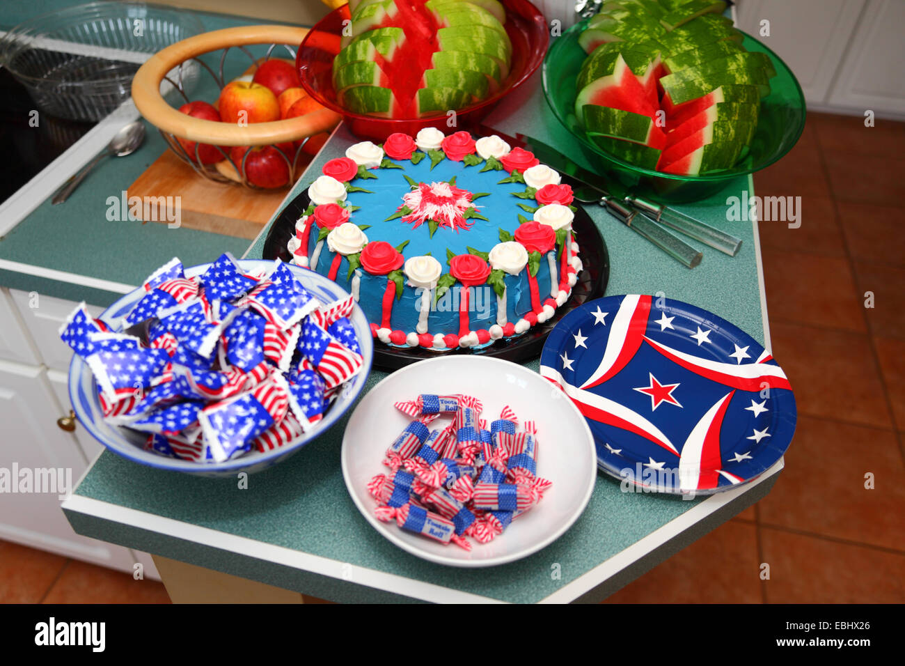 4th of July Independence Day cake and Tootsie rolls and other sweets in ...