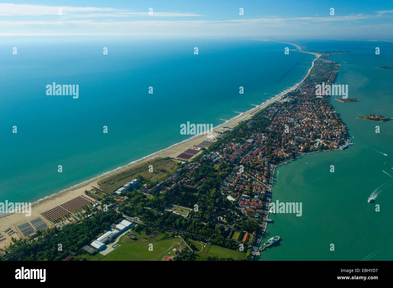 Aerial view of North Lido island at San Nicolo, Venice lagoon, Italy ...