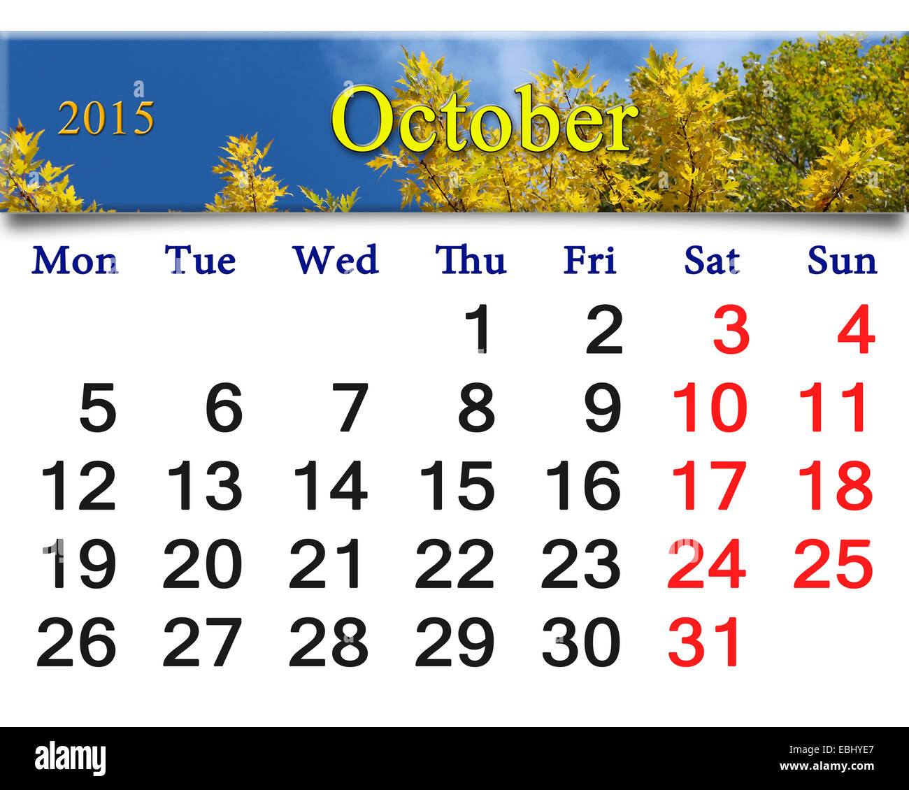 calendar for October of 2015 with the ribbon of moss and leaves Stock ...
