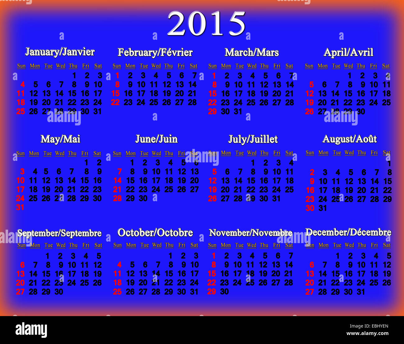 blue calendar for 2015 year in English and French in brightly red frame ...