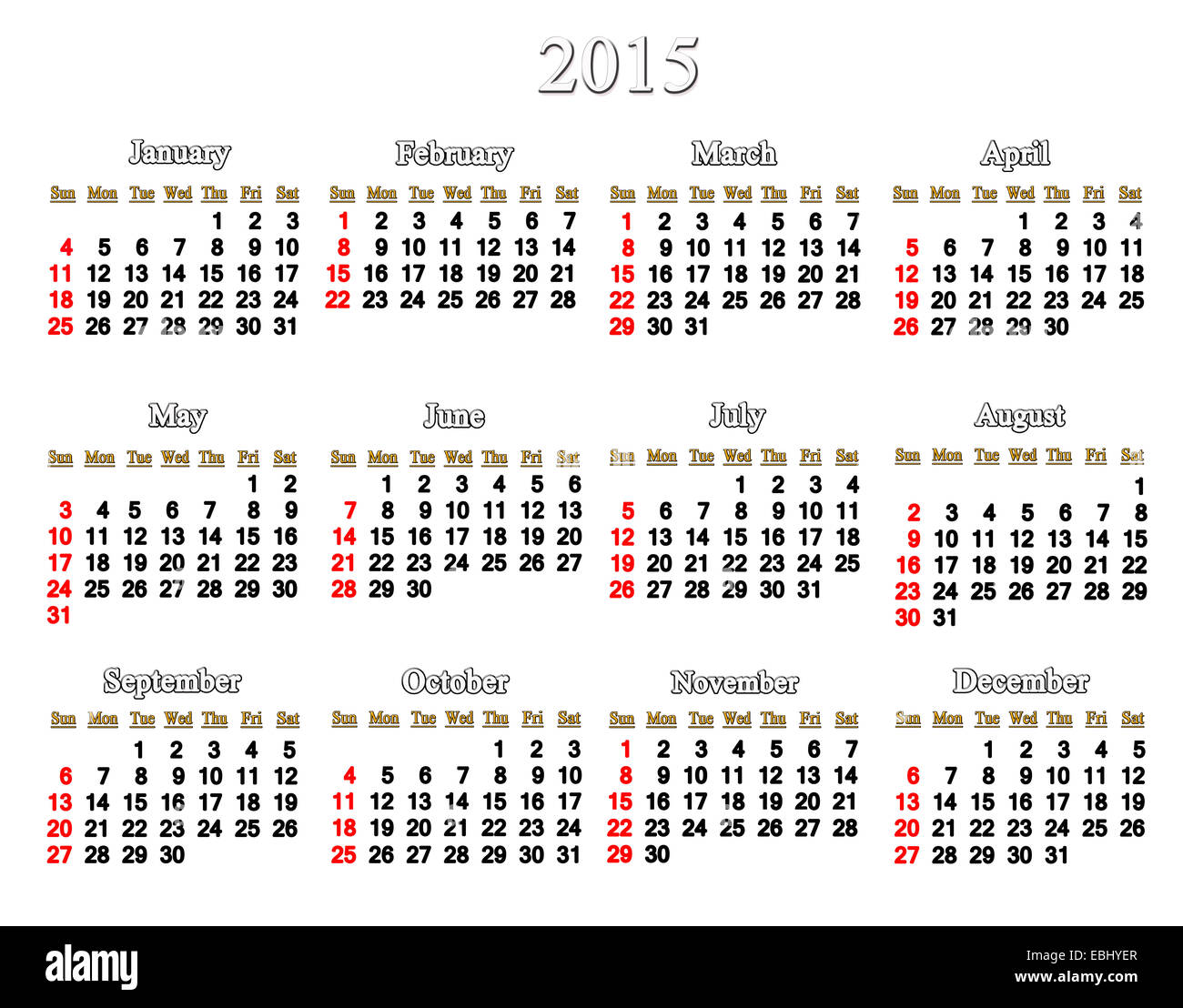 simple and accurate calendar for 2015 year on the white background ...
