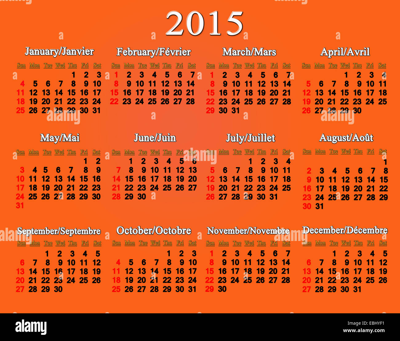 calendar for 2015 year in English and French on the orange background ...