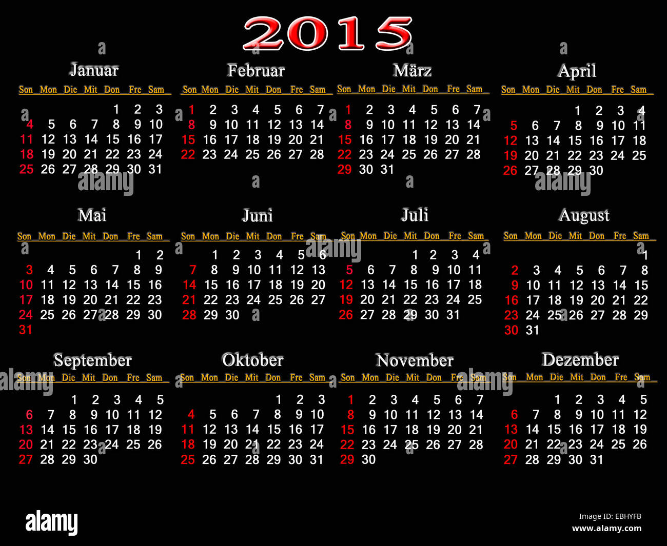 simple calendar for 2015 year on the black background Stock Photo - Alamy