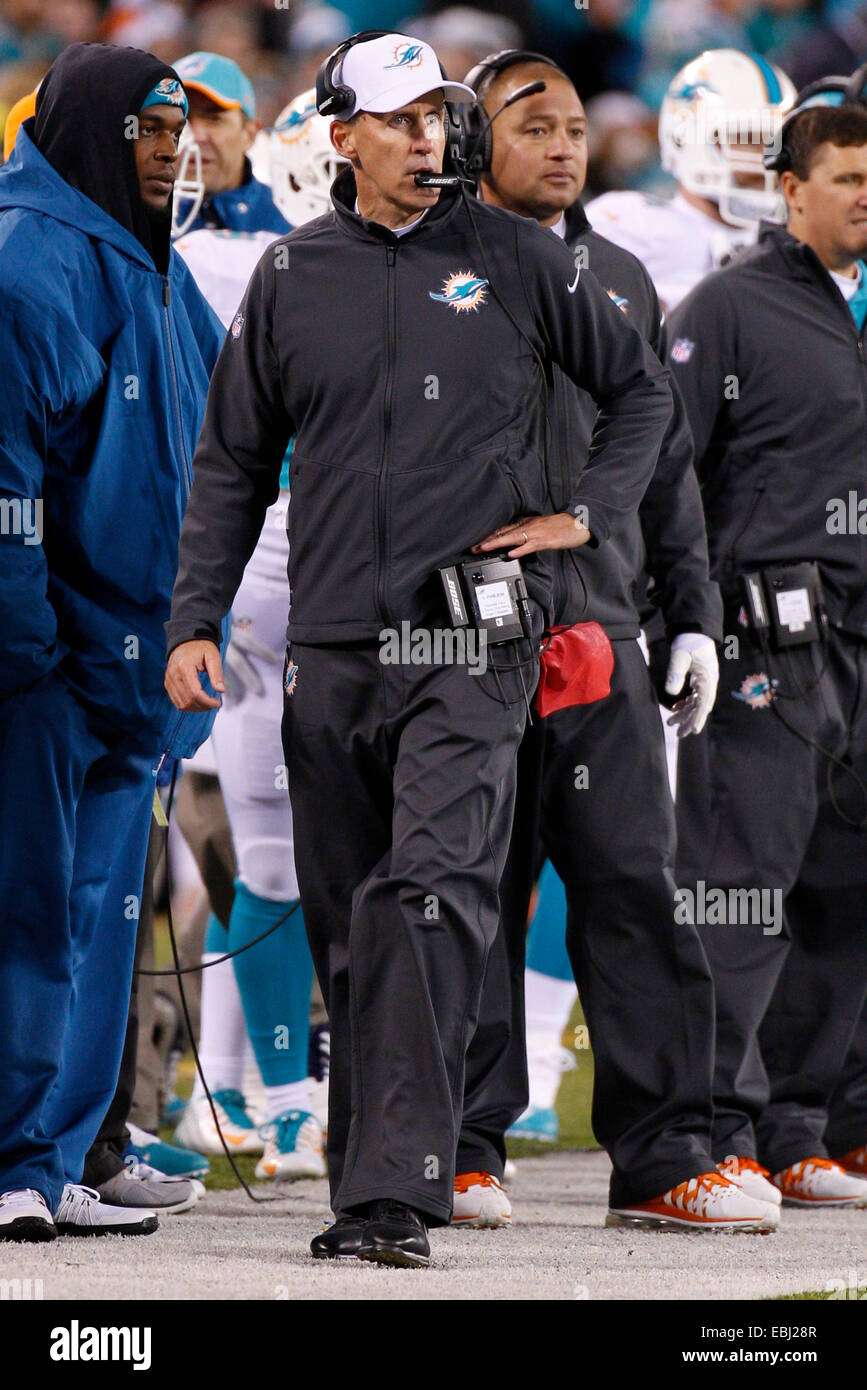 December 1, 2014: Miami Dolphins head coach Joe Philbin looks on during ...