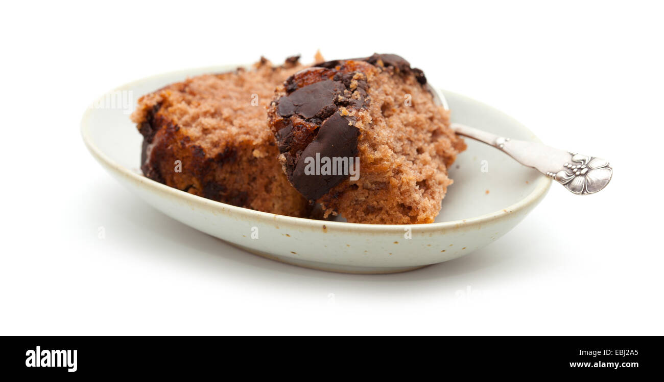 chocolate sponge cake bar on a plate, isolated on white Stock Photo - Alamy