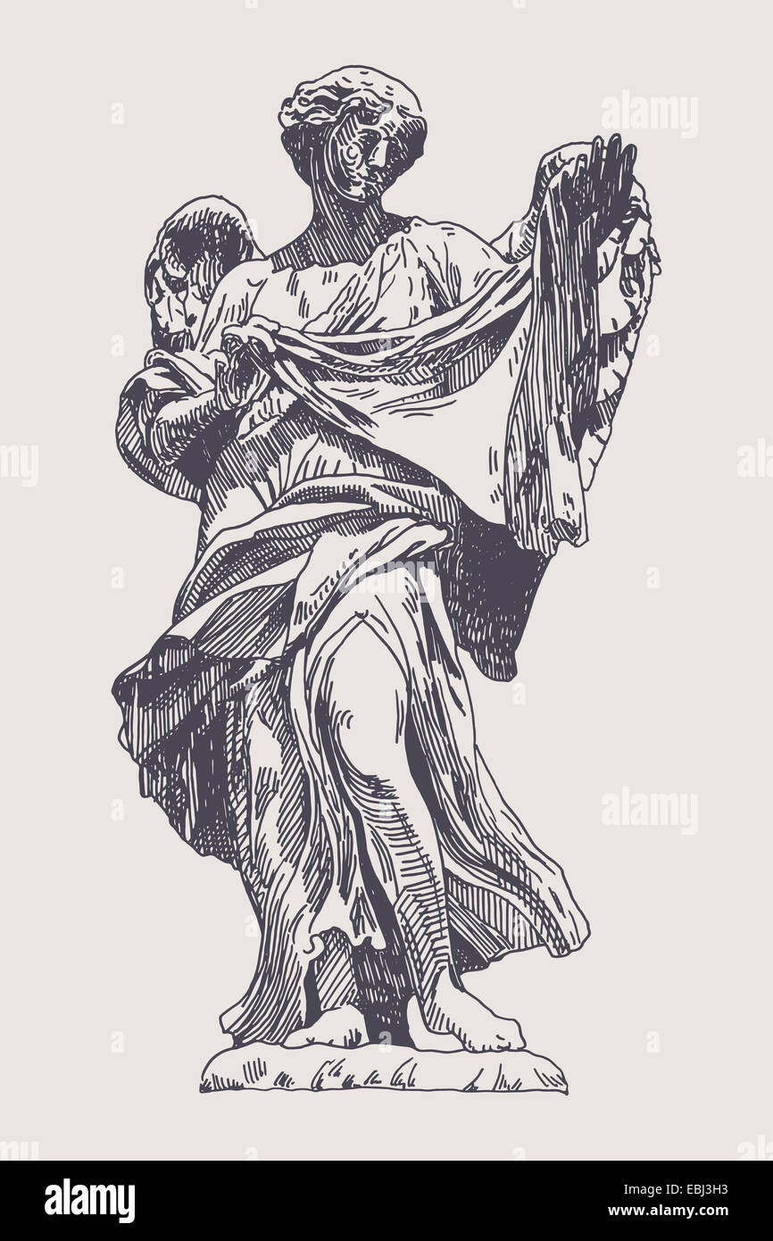 ink drawing marble statue of angel Stock Photo - Alamy