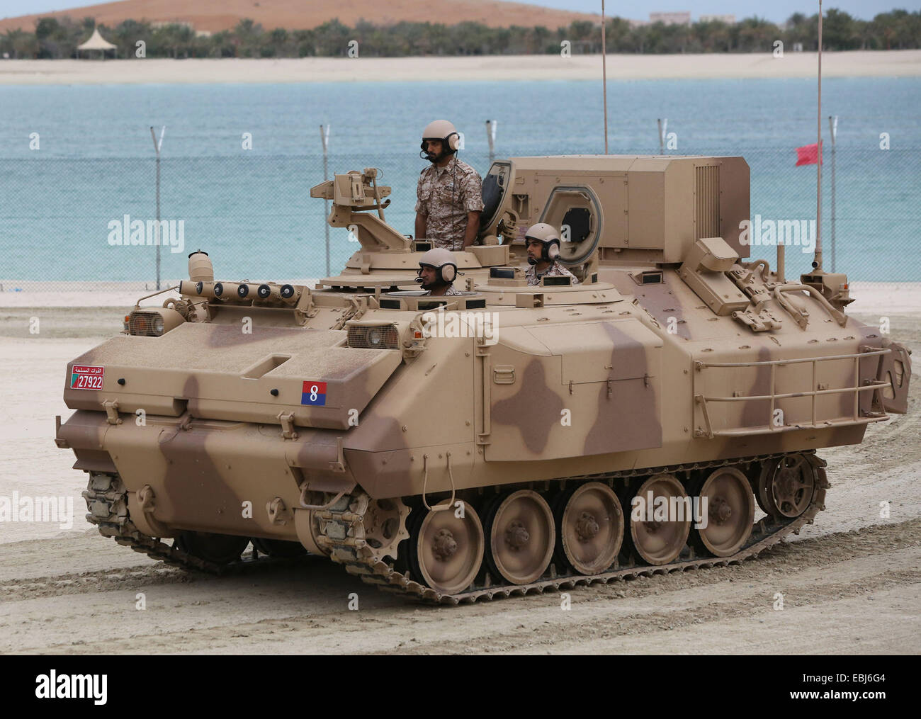 An armor vehicle is displayed during a military show to celebrate the ...