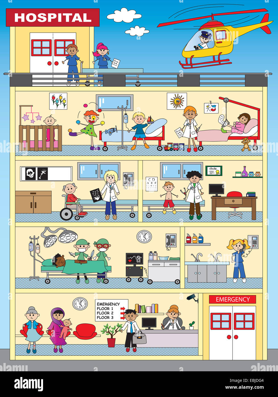 illustration of funny hospital with people Stock Photo - Alamy