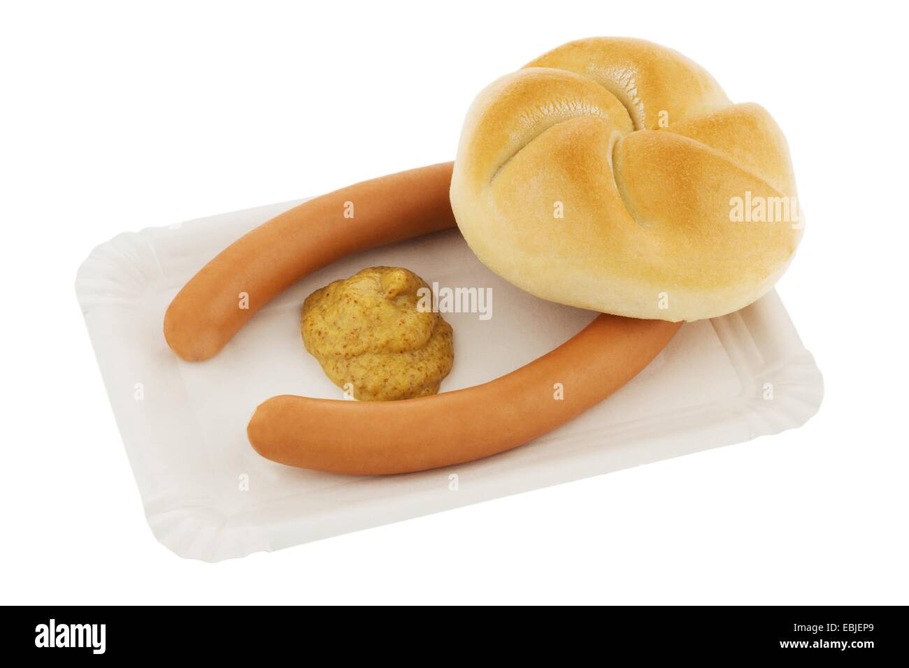 two knackwursts on paper plate with mustard and bun Stock Photo - Alamy