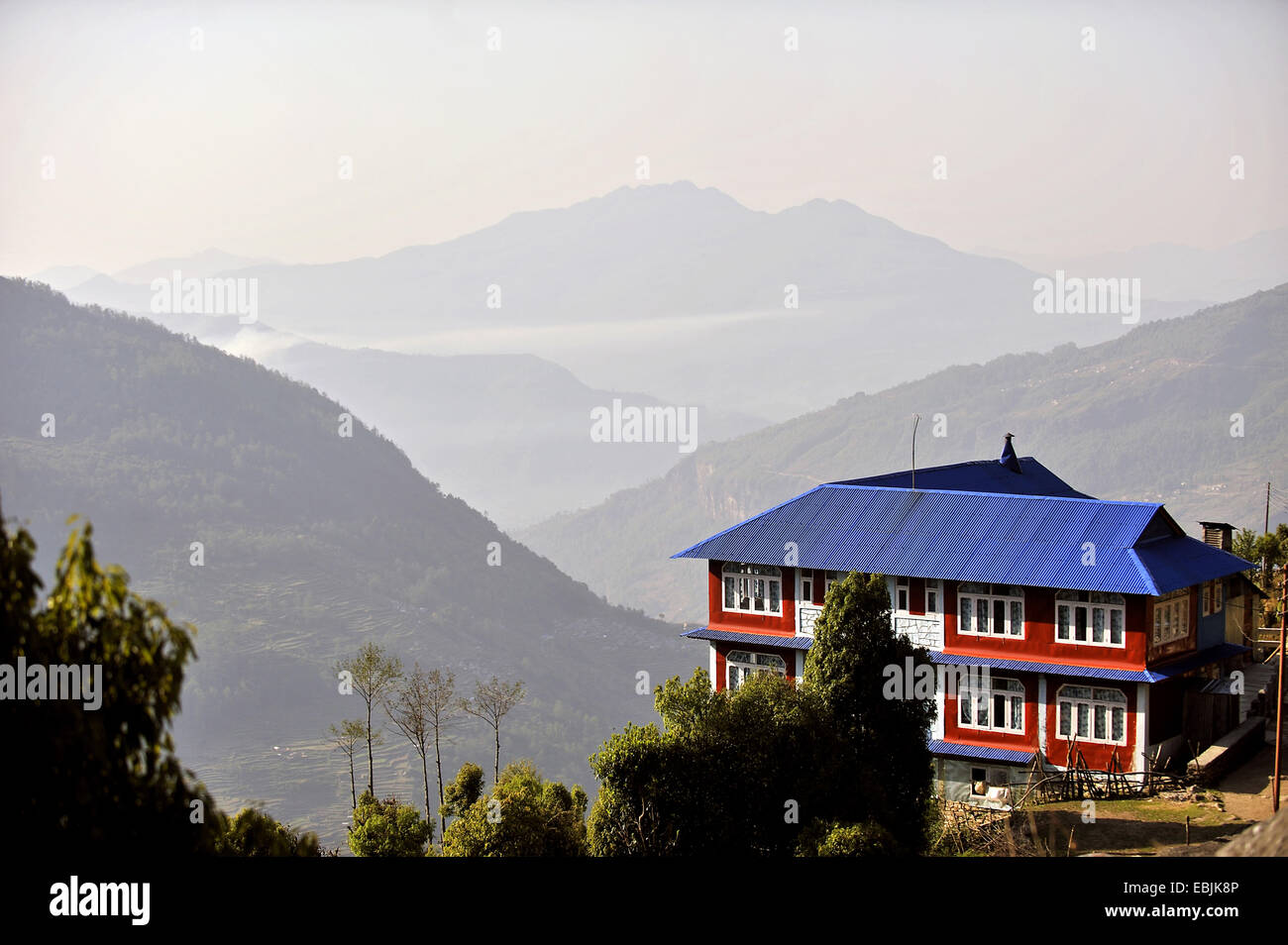 loodge at a mountain slope at the Annapurna massif, Nepal, Ulleri Stock ...
